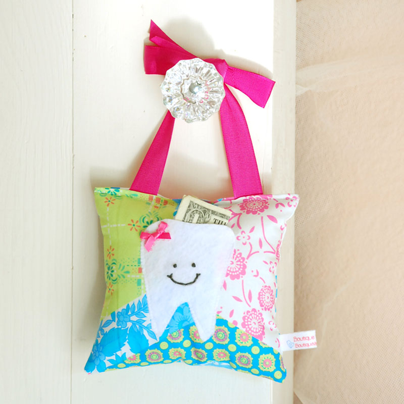 Girl's Tooth Fairy Pillow In Pink And Turquoise Patchwork Print on Luulla